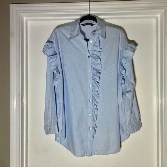 Zara | Tops | Zara Light Blue Ruffled Pearl Embellished Blouse Medium ...